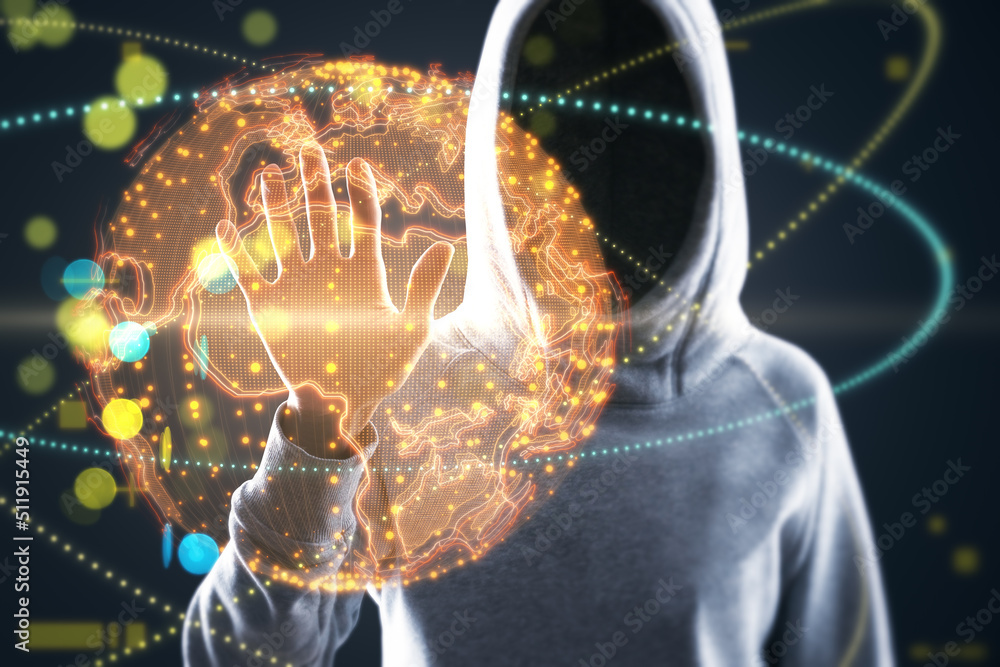 Hacker hand using bright globe hologram. A holographic projection of ...