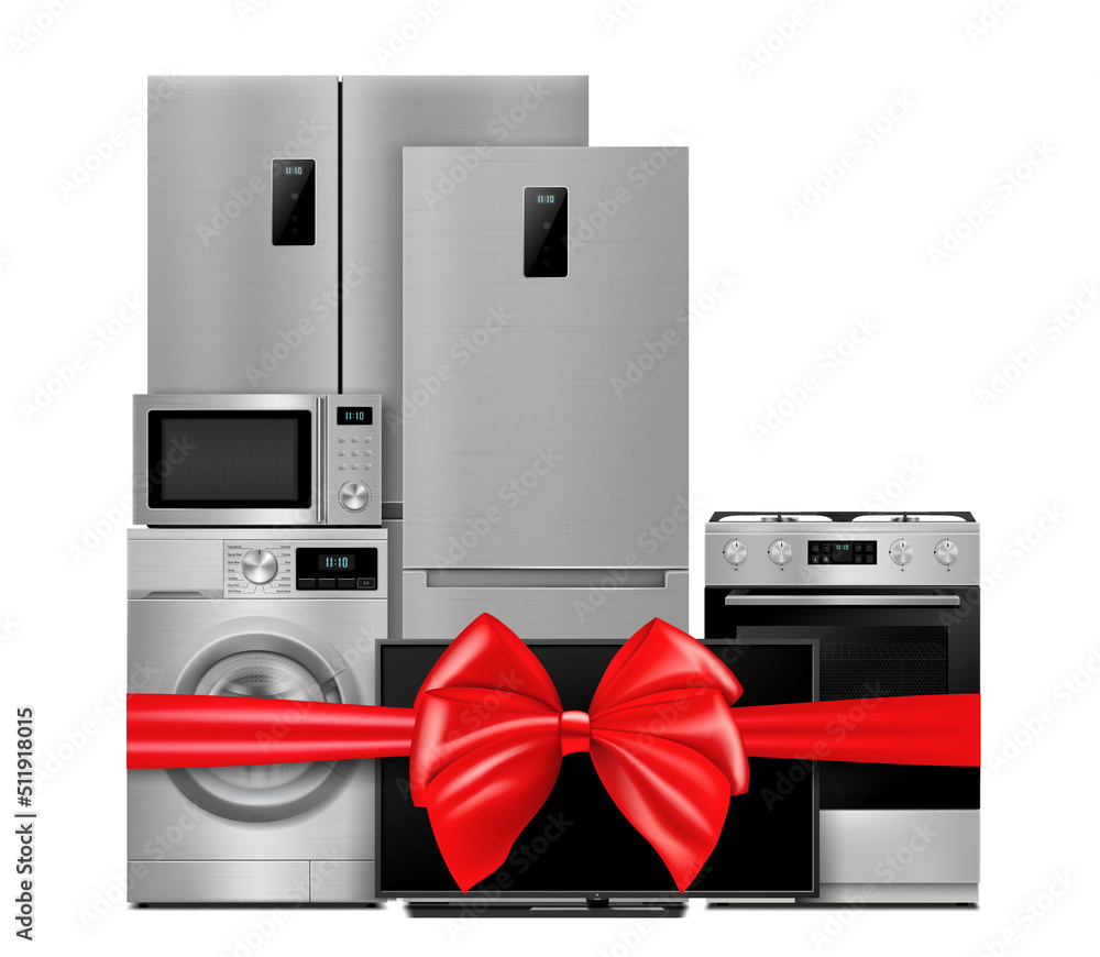Group of household appliances with red gift ribbon and bow ...