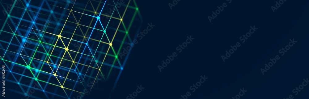 3D cube structure with connected dots and lines. Wireframe construct ...