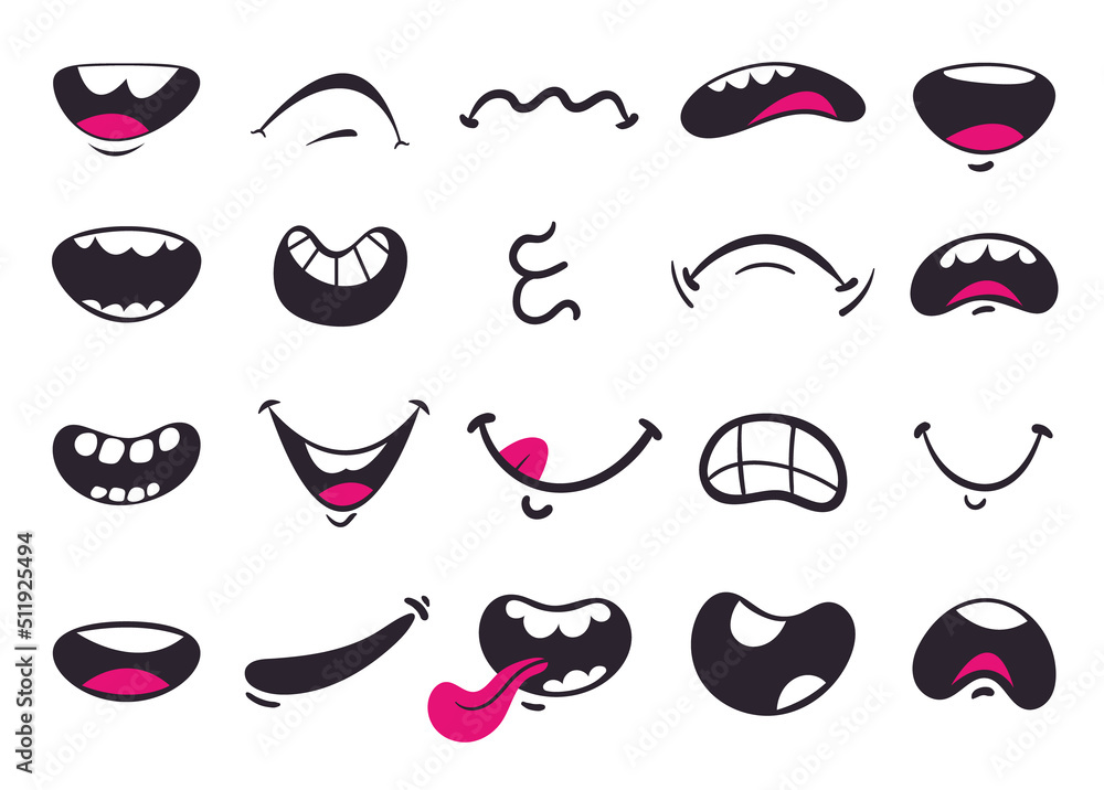 Cartoon doodle mouth with different emotions isolated set. Vector flat ...