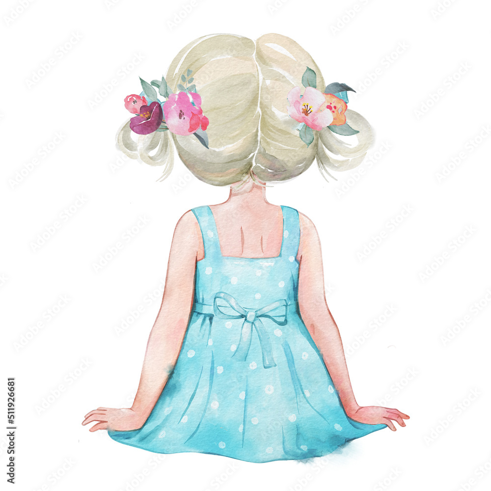 Watercolour illustration of the little blond girl child sitting. Back ...