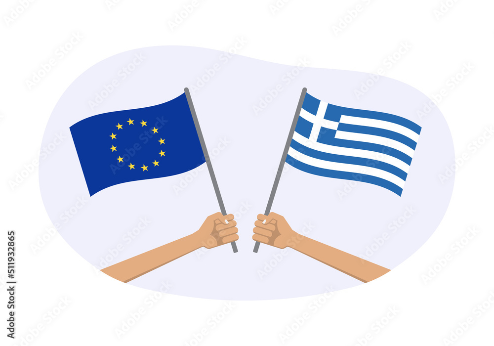EU and Greece flags. Greek and European Union symbols with abstract ...