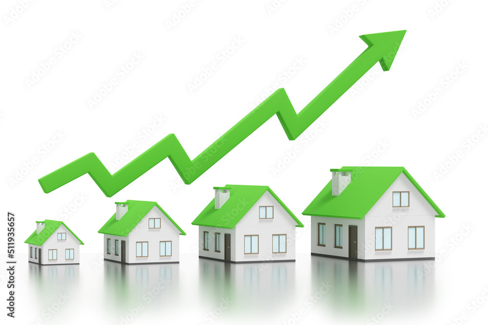 House prices rising concept. Growing real estate graph green arrow - 3d ...