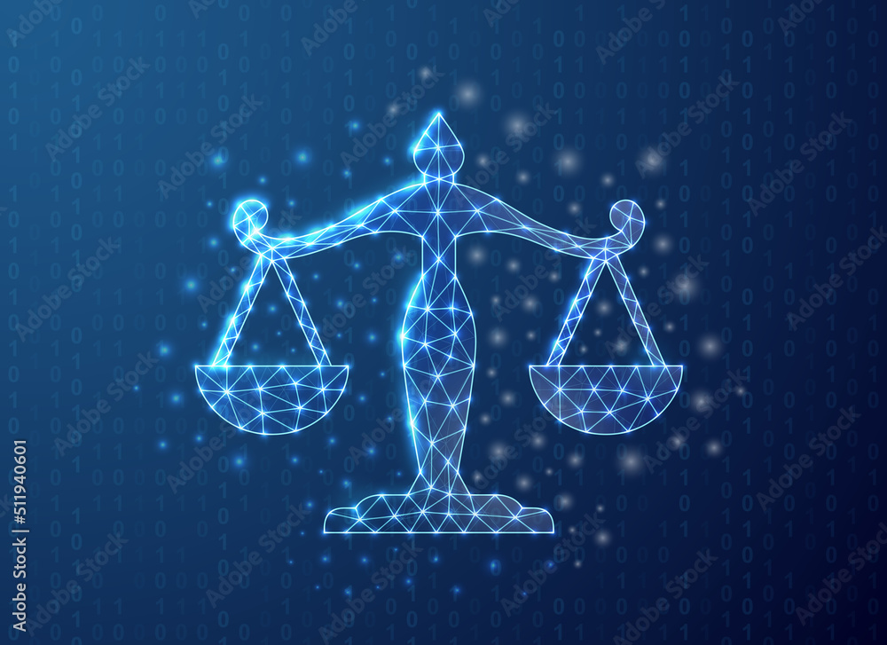 Scales polygonal symbol with binary code background. Justice concept ...