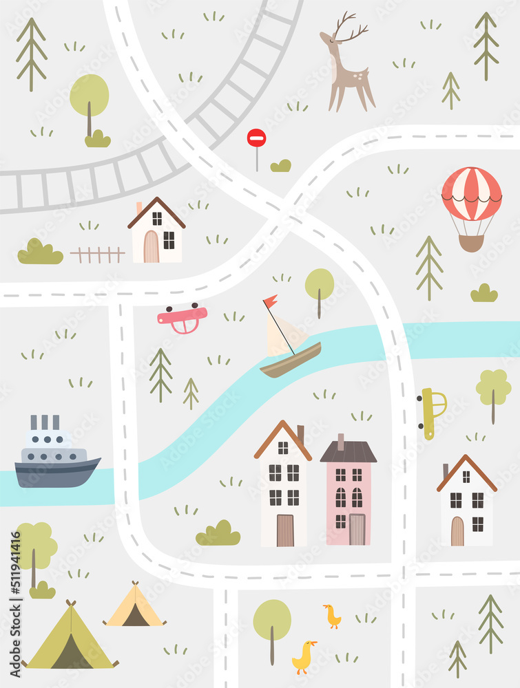 Children's illustration with road map, railroad, cars and houses in ...