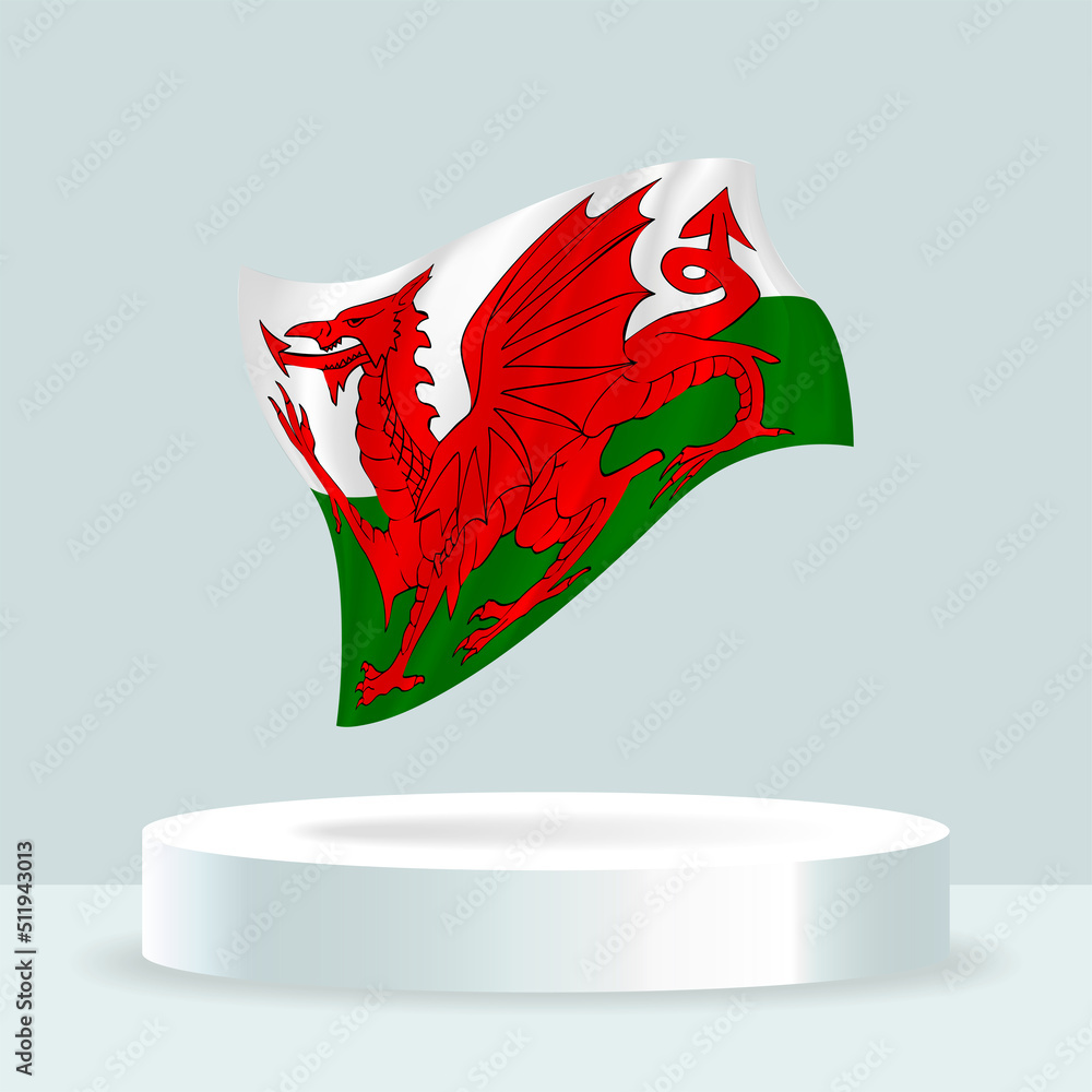 Wales flag. 3d rendering of the flag displayed on the stand. Waving ...
