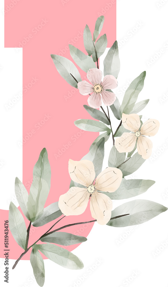 Pink Letter with watercolor roses and leaves. Pastel floral alphabet ...