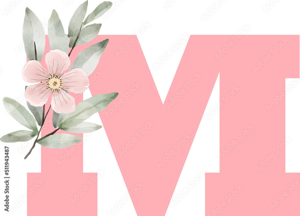 Pink Letter with watercolor roses and leaves. Pastel floral alphabet ...