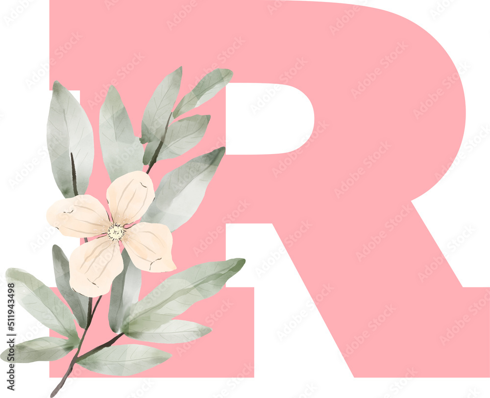 Pink Letter with watercolor roses and leaves. Pastel floral alphabet ...