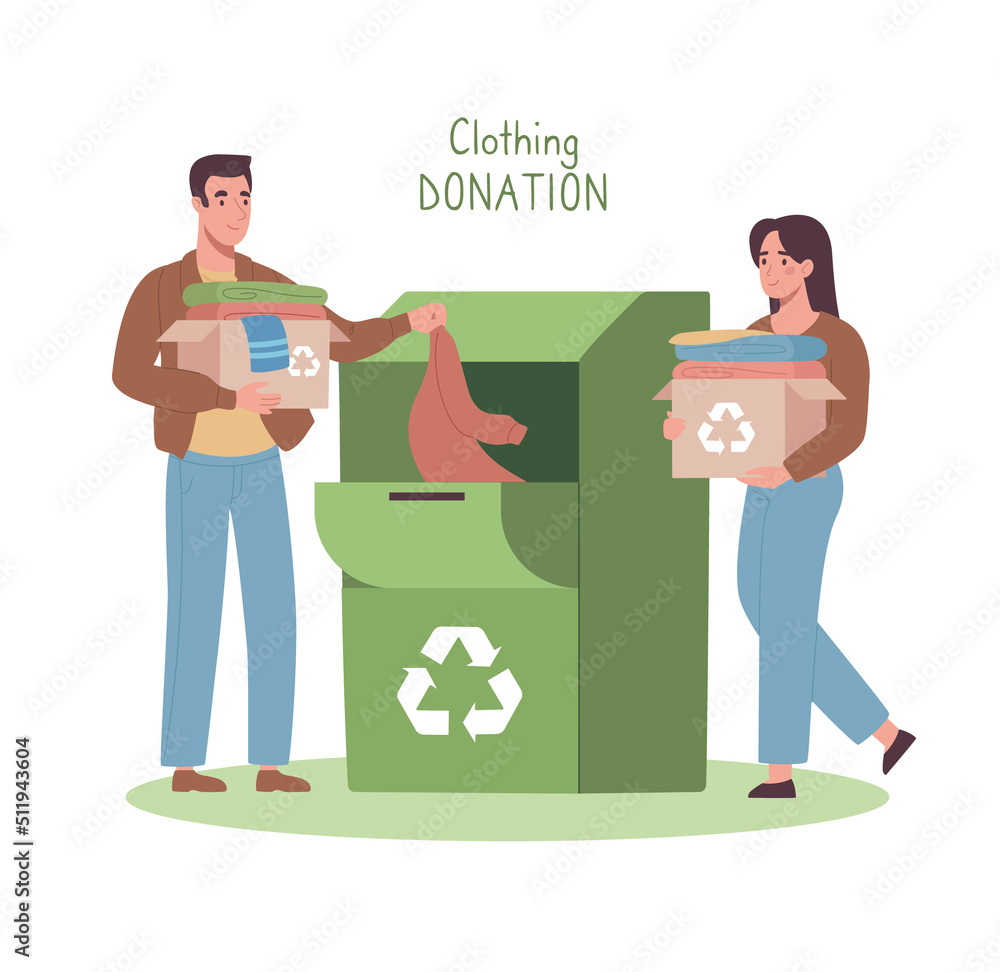 Recycle of used clothes. A man and a woman brought and put their ...