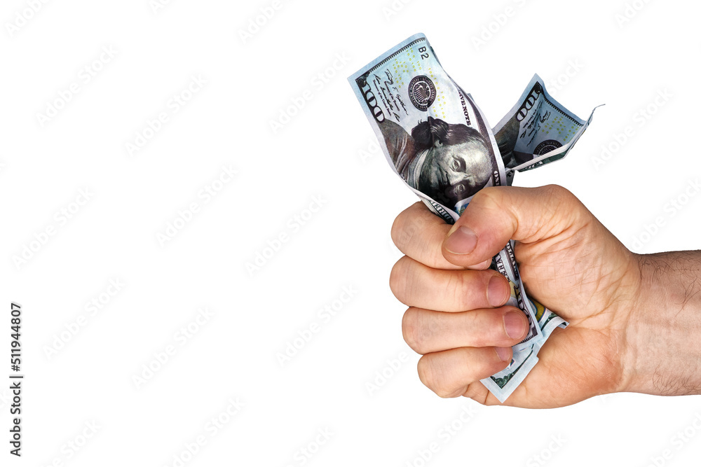 man holds crumpled hundred-dollar bills in his hands isolated on white ...