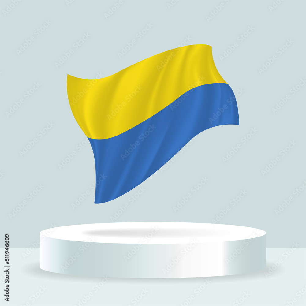 Ukraine flag. 3d rendering of the flag displayed on the stand. Waving ...