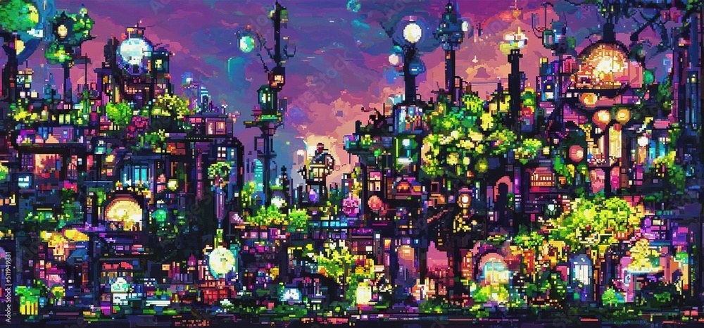 Fantasy retro futuristic city at night with neon lights. Pixel art. 3D ...