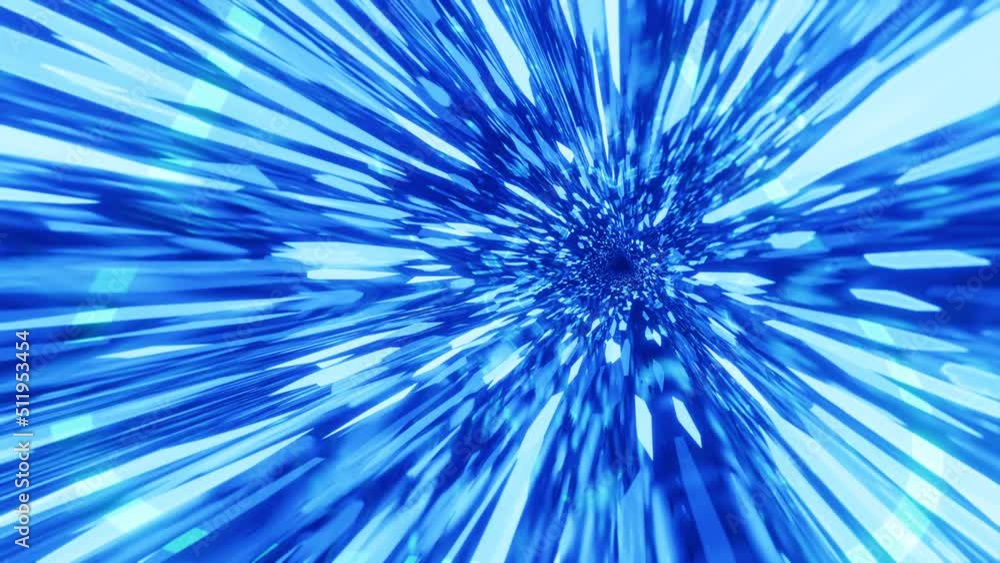 triangular blue tunnel. Fly through mirror tunnel with neon pattern, glow lines form sci fi ...