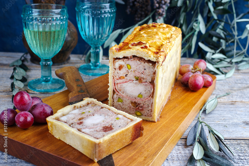 Traditional French Pate en croute with rabbit meat and pork filet ...