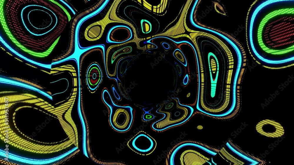 Curl noise. Move through mirror tunnel with neon pattern, glow ...