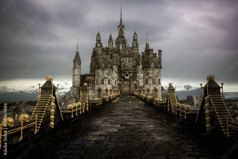 Road lined with human bones leading to dark fantasy castle with giant ...