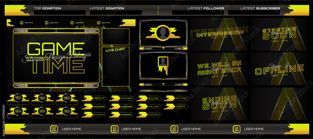 twitch Stream Facecam OBS Template Yellow Game overlay design Pack ...