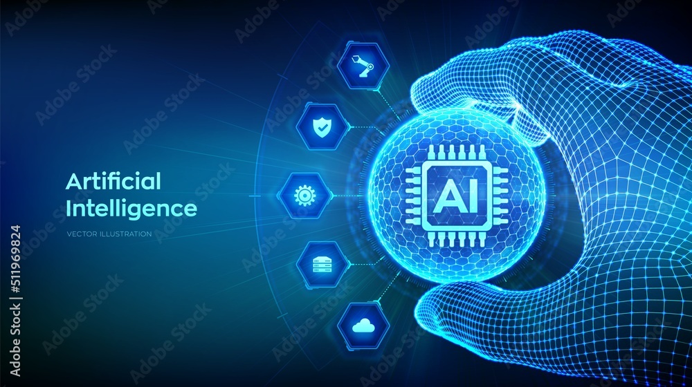 Vetor do Stock: AI. Artificial Intelligence in the shape of sphere with hexagon pattern in ...