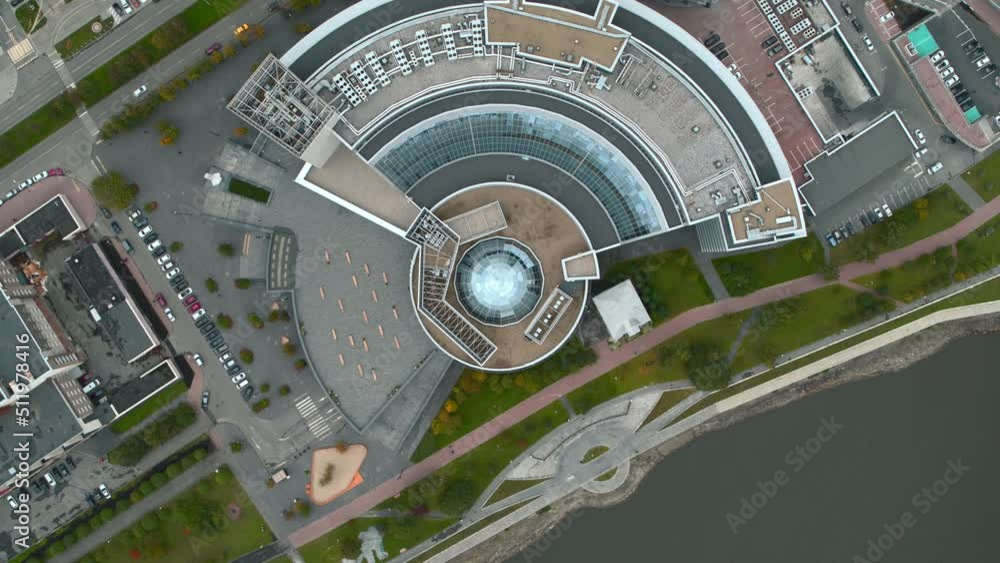 Top view of futuristic architecture of roof of building. Stock footage ...