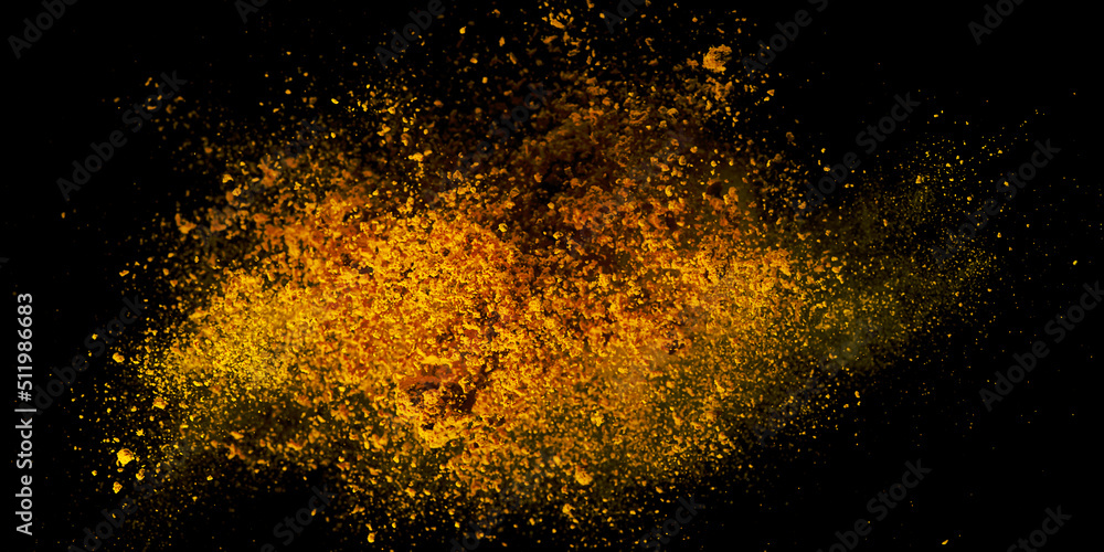 Explosion, Splashes of turmeric on a black background. India Seasoning ...