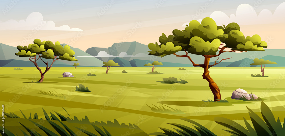Savanna landscape illustration. Landscape of the African savanna in ...