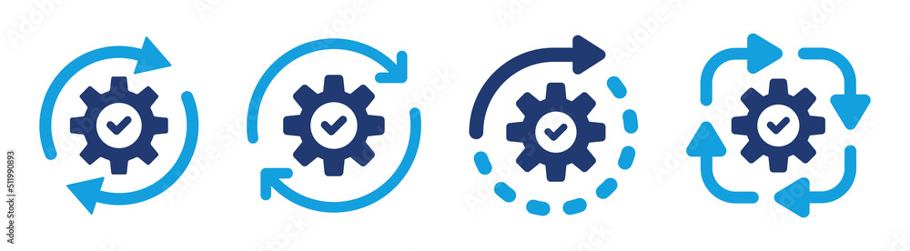 Development icon vector set. Gear symbol rotate with arrow and check ...
