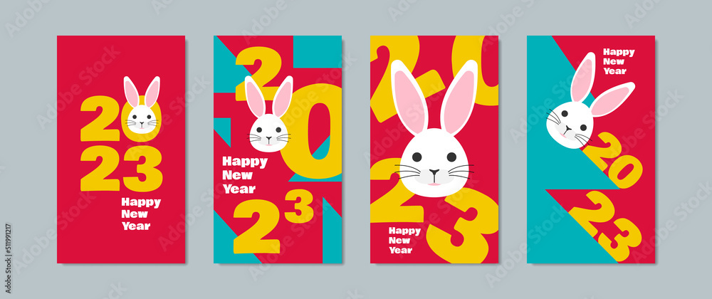 happy new year 2023 .chinese year of rabbit vertical banners set design ...