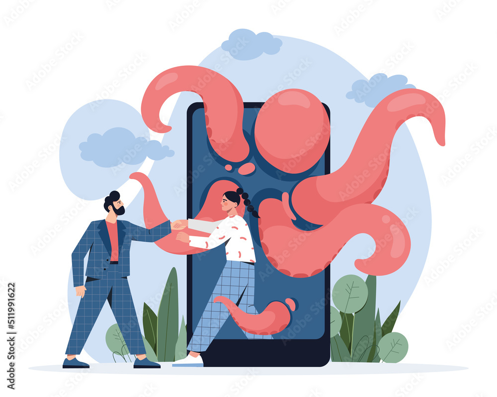 Digital addiction concept. Man helps girl get off her smartphone ...