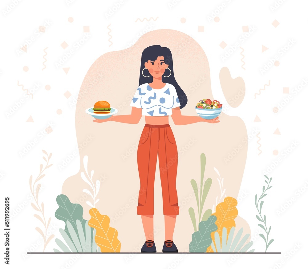 Food choice concept. Girl stands with two plates. Character decides ...