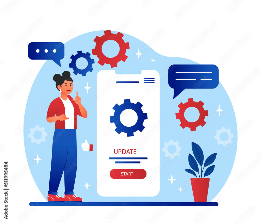 Application update concept. Girl standing next to smartphone and ...