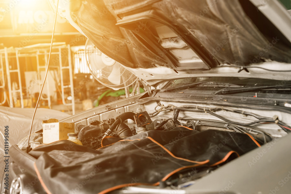 Car crash open hood car mechanic to check condition of damage. See the ...