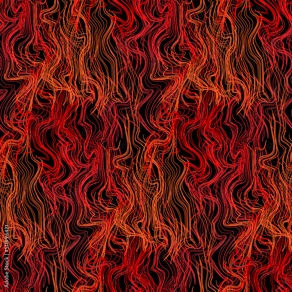 Fire tongues seamless pattern. Abstract orange and red curved lines on ...