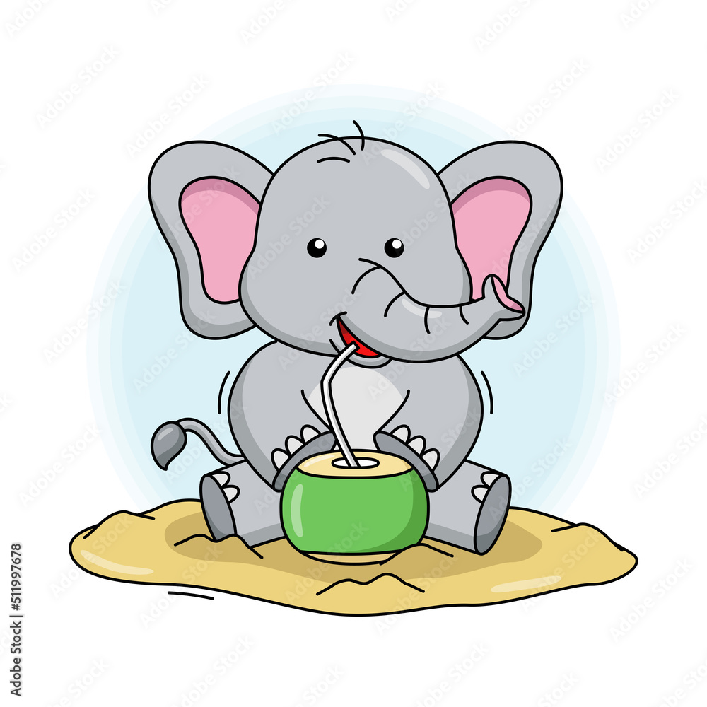 Cartoon illustration of cute elephant drinking coconut water Stock ...