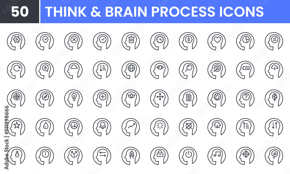 Thinking Head and Brain Human Process vector line icon set. Contains ...