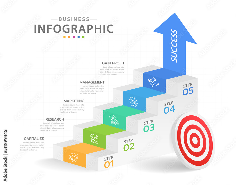 Infographic template for business. 5 Steps Modern Stair diagram with ...