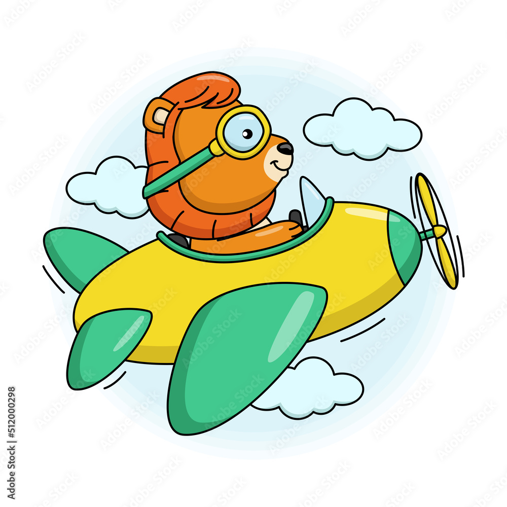 Cartoon illustration of cute lion flying on a plane Stock Vector ...