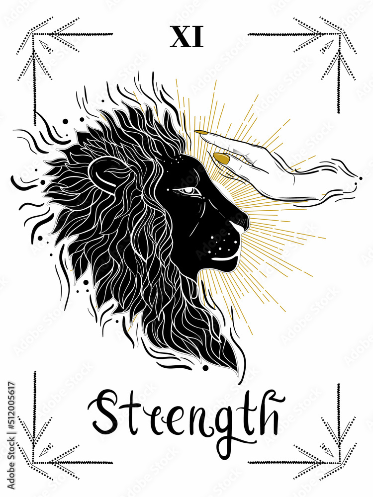Strength hand drawn major arcana tarot card. Vector illustration with ...