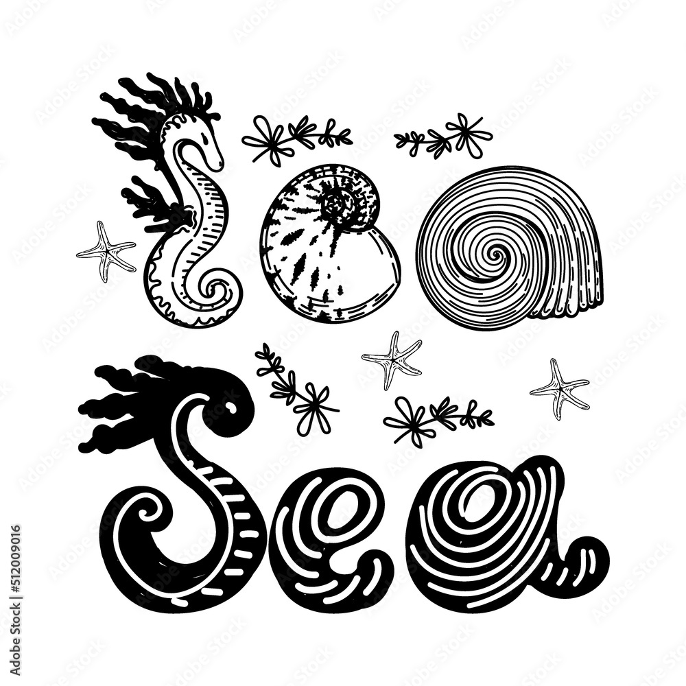 Stylized hand-drawn inscription of the sea. A pictograph of sea ...