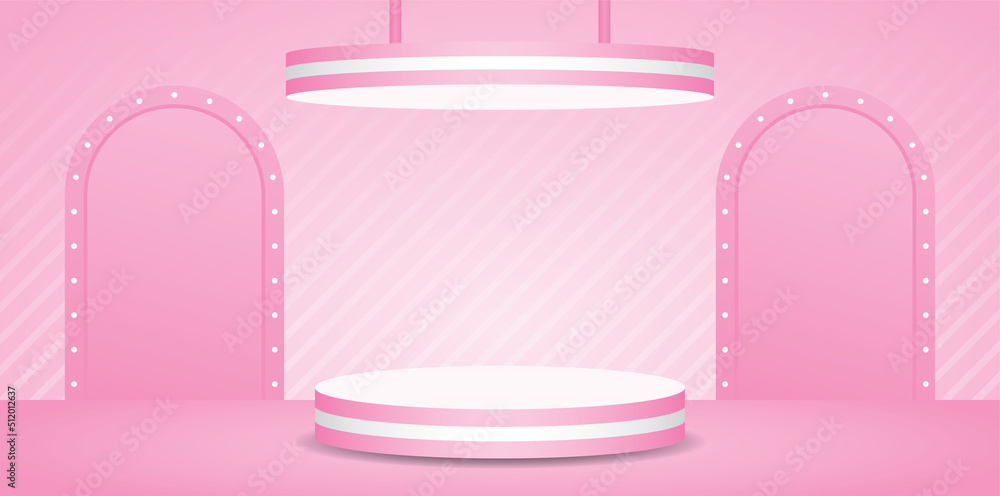 pink striped podium display stage with hanging ceiling and lightbulb ...