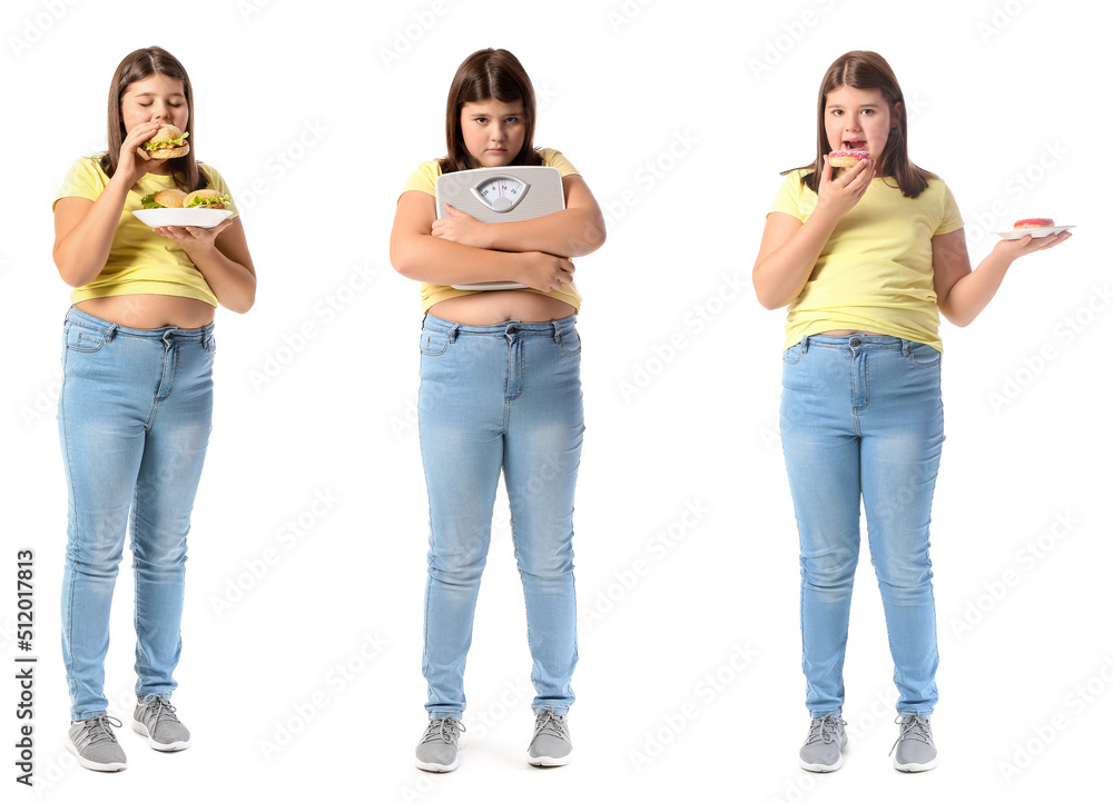 Collage of overweight girl on white background Stock Photo | Adobe Stock