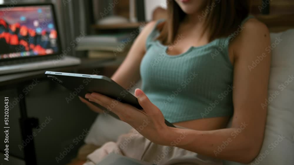 woman posing in the room with phone, and tablet indoor portrait,tablet ...