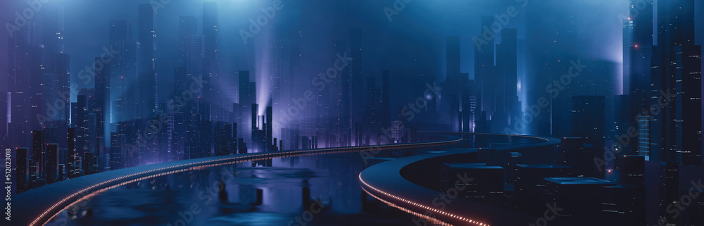 3D Rendering of neon city with light reflection from puddles on wet ...