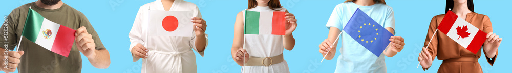 People with flags of different countries on light blue background Stock ...