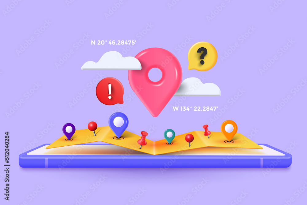 Smartphone with map 3D Illustration, 3D Map pins, GPS, navigator pin ...