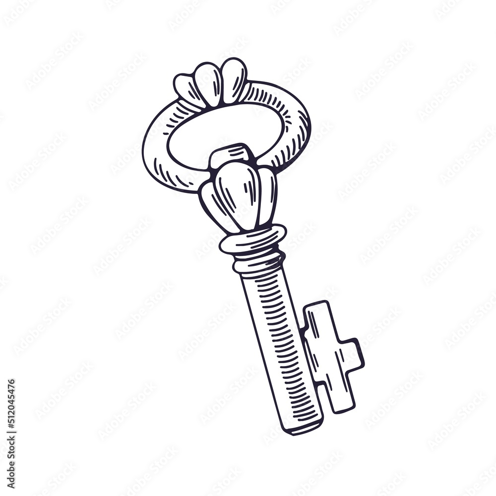 Vintage-styled drawing of old door key. Outlined contoured engraving ...