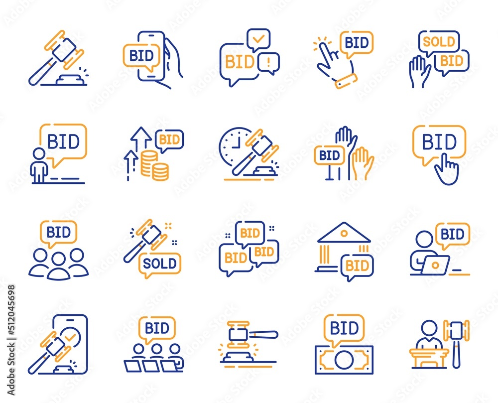 Auction line icons. Deal hammer, bid offer and law justice act set ...