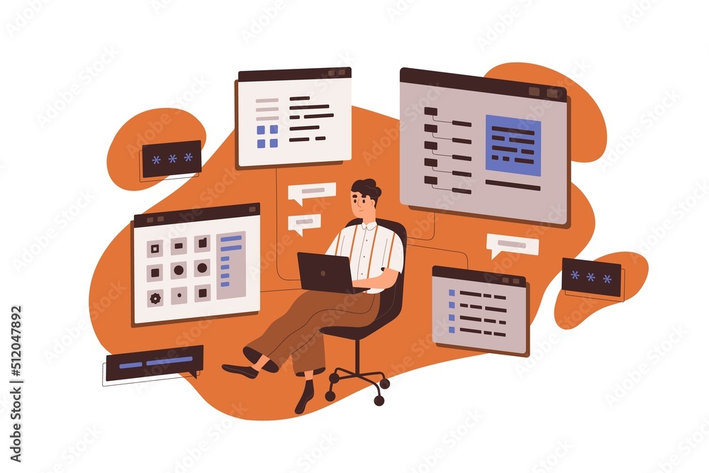 CMS management and development, web-site content administration concept. Administrator working ...