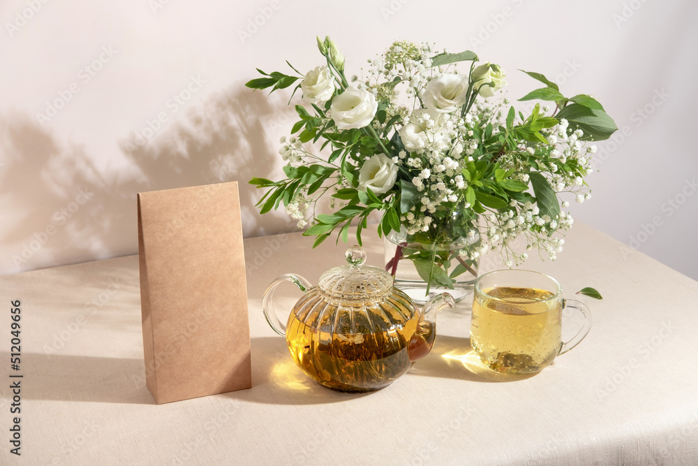 Tea branding and packaging mockup. Blank tea packaging mockup with tea ...