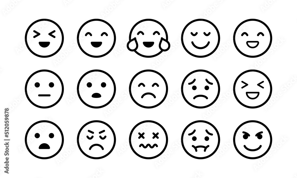 Emoticon set icon. Laugh, crying, love, laughter, surprise, tongue ...